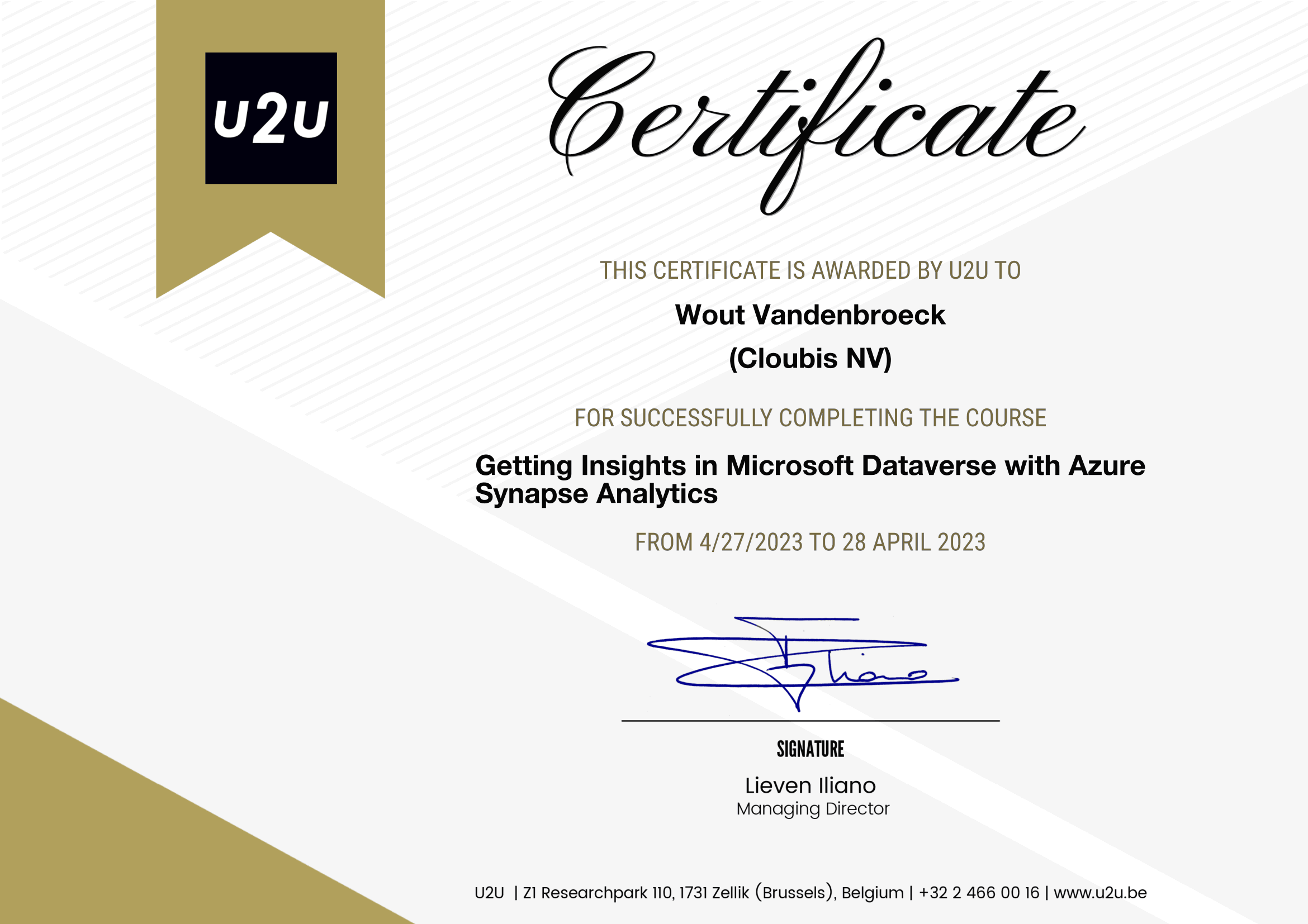 U2U Certificate awarded to Wout Vandenbroeck